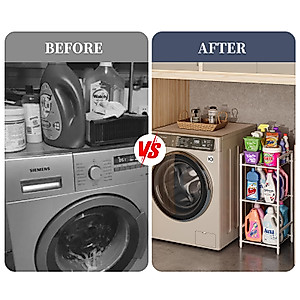 3 Tier Laundry Room Shelves,Multifunctional Shelving Units and Storage with 4 Bottles Storage Hooks and 2 Small Towel Hooks,Bearing Stronger Standing Shelf,White Laundry Room Organization Floor Shelf