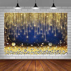 AIBIIN 7x5ft Royal Blue Gold Glitter Backdrop Gold Sparkle Bokeh Spot Diamond Birthday Boy Girl Homecoming Prom Graduation Wedding Bridal Shower Photography Background Party Decorations Banner Props