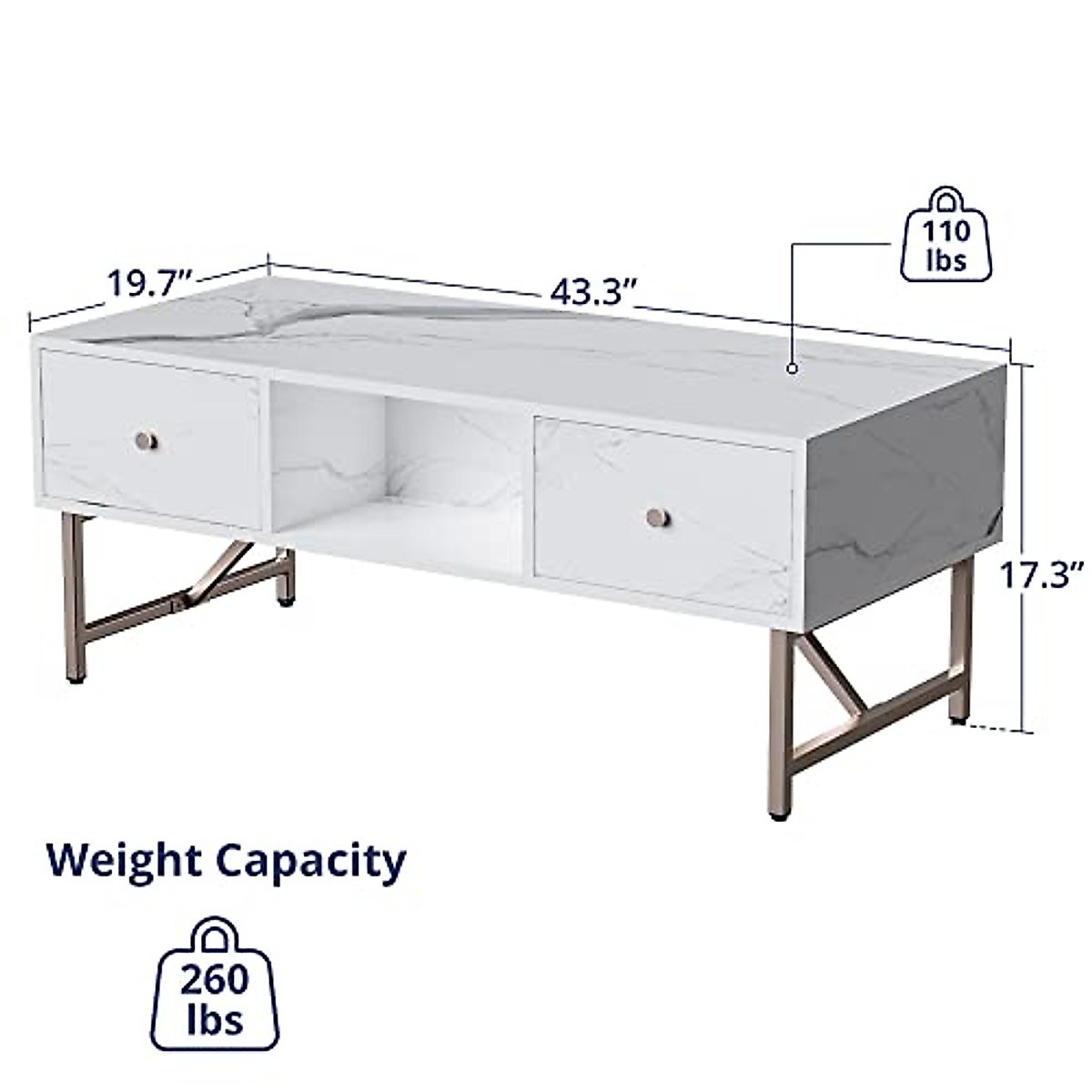 Cozy Castle Coffee Table with Drawers, 43" Mid Century Modern Coffee Table with Storage, Coffee Table with Metal Legs, Wood Small Coffee Table for Living Room, Bedroom and Office, White
