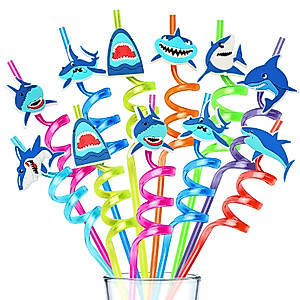 24 reusable shark straws and 2 cleaning brushes, Shark party supplies, birthday party gift decorations - set of 26
