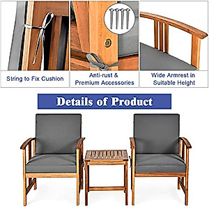 Tangkula 3 Pieces Patio Furniture Set, Includes Set of 2 Outdoor Acacia Wood Cushioned Chairs and Coffee Table, for Garden, Backyard, Poolside, Bistro and Deck, Patio Conversation Chat Set (Gray)