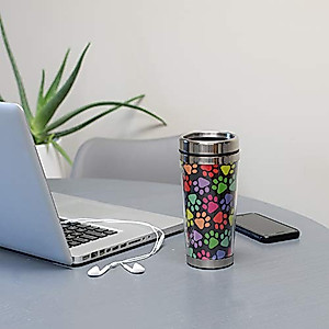 Elanze Designs Colorful Paw Prints on Black 16 Oz Stainless Steel Travel Mug