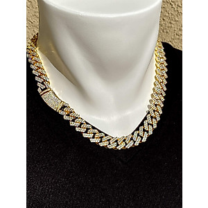 Mens 14k Gold Finish 12mm Miami Cuban Link Chain Choker Necklace Iced Round Set Cuban Chain for Men, Miami Cuban Link Chain Choker Necklace Real Solid Cuban Choker, Cuban necklace 20 Inches