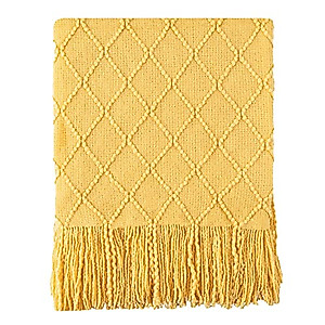 BATTILO HOME Mustard Throw Blanket with Fringe Geometric Bed Gold Yellow Throws Breathable Decorative Large Throw for Couch Sofa Indoor Outdoor (Mustard, 50"x60")