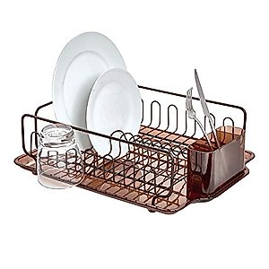 iDesign Forma Lupe Stainless Steel Metal Sink Dish Drainer Plastic Tray Kitchen Drying Rack For Glasses, Silverware, Bowls, Plates, 13.3" x 17.5" x 5.2", Bronze