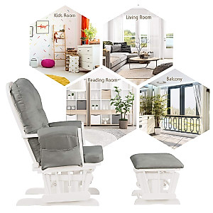 Costzon Nursery Glider with Ottoman, Upholstered Comfort Glider Rocker with Padded Cushion, Storage Pocket, Solid Wood Base, Rocking Chair Nursery for Breastfeeding, Maternity, Napping (Light Gray)