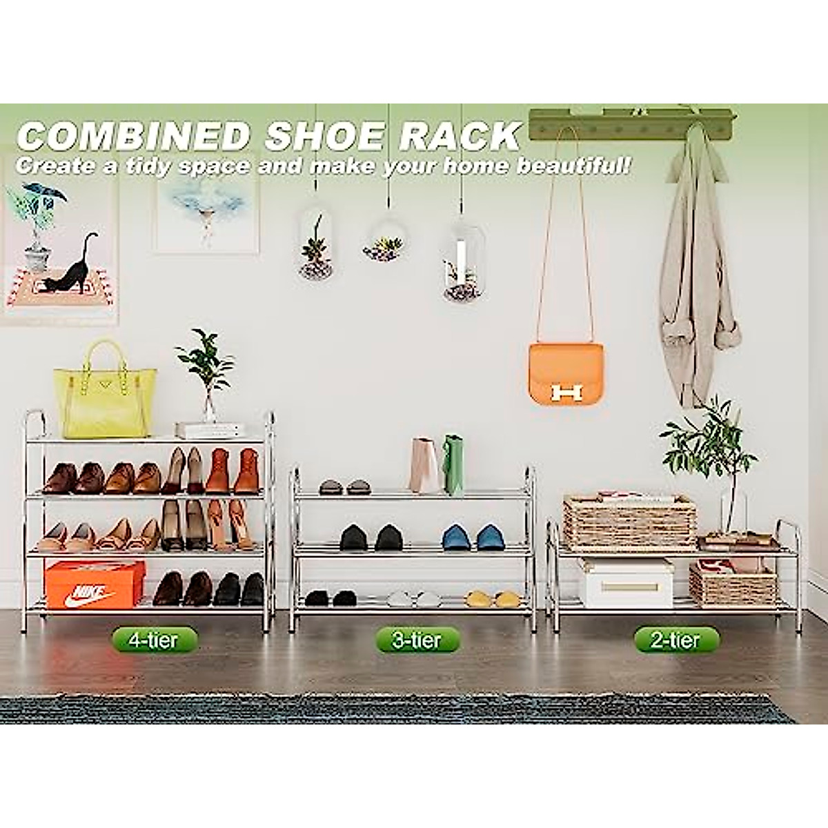 SKIKEN 4-Tier Expandable Shoe Rack, 100% Stainless Steel,4-Rod Extendable and Adjustable Feet, Simple Stretchable Shoe Shelf, Small Space Shoe Rack for Entryway, Stair Sides, Closet