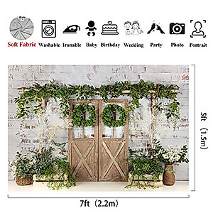 Kate White Painted Brick Wall Wood Door Photography Backdrops 7x5ft Spring Green Grass and Flowers Photo Backgrounds Baby Shower Backdrop Photoshoot Props