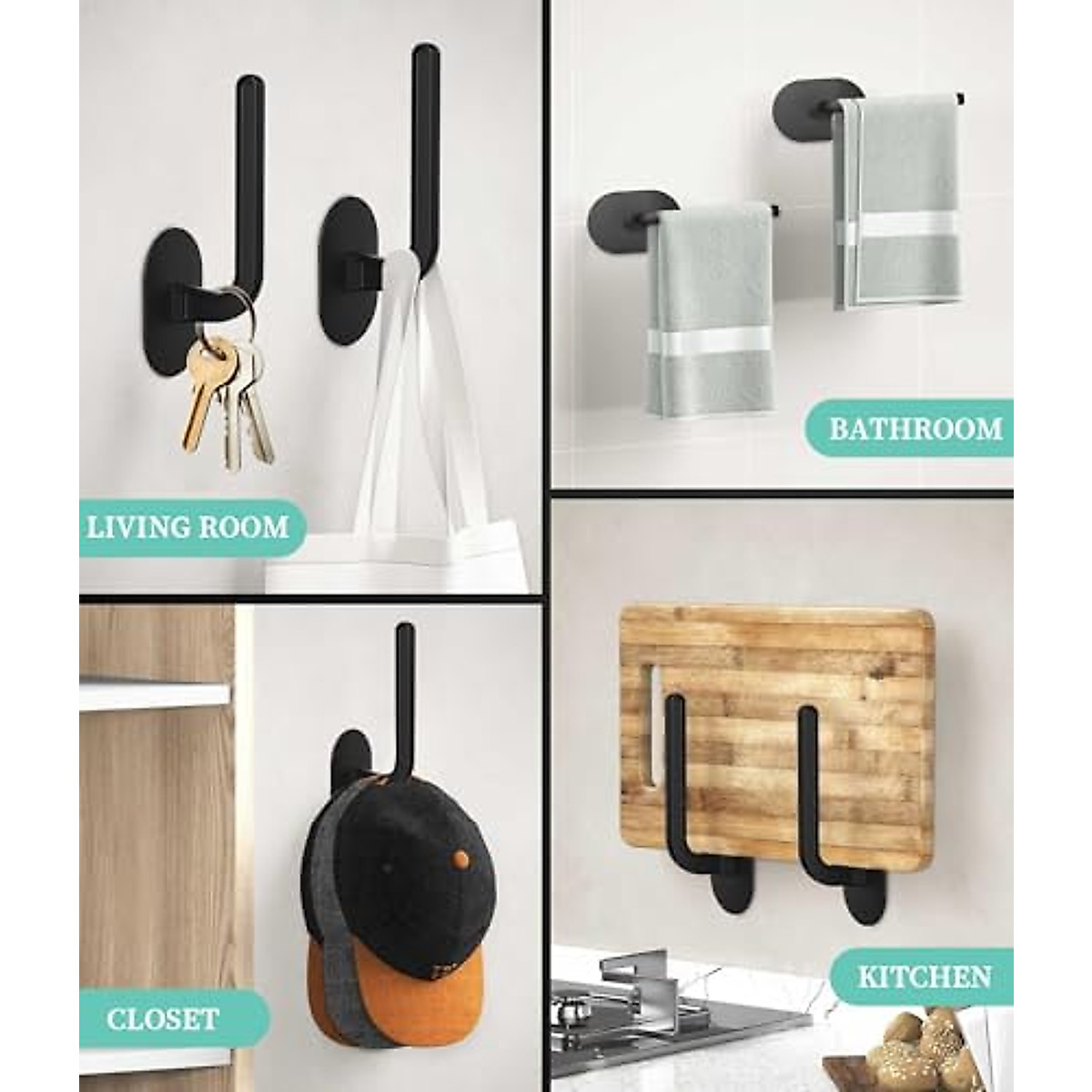 Eiito Hat Hooks for Caps Storage-4Pack,Multi-Purpose Hat Organizer,Strong Adhesive Hat Racks for Wall, Two Mounting Options RV Organization and Storage Cap Hanger(Black)