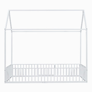Bellemave Twin Size Montessori House Bed for Kids, Metal Floor Beds with Fence Railings & Door, Twin Playhouse Bed for Boys Girls, Box Spring Needed, White
