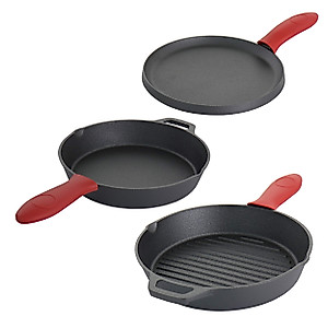 MegaChef Skillet, Pan, and Griddle Pre-Seasoned Cast Iron Cookware Set, 6 Piece, Black, Red
