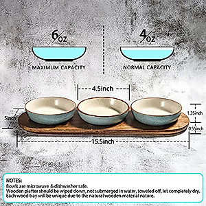Artena Rimmed Soup Bowls 18oz, Pasta Bowls Set of 4, White Porcelain Salad Bowls, 9 inch Deep Soup Plates & 6oz Turquoise Solid Ceramic Chips and Dip Serving Platter with Acacia Wooden Tray