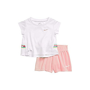 Nike Girl`s Contrast Logo Taping Graphic Print T Shirt & Shorts 2 Piece Set (Pink(26G485-A8F)/White, 3T)