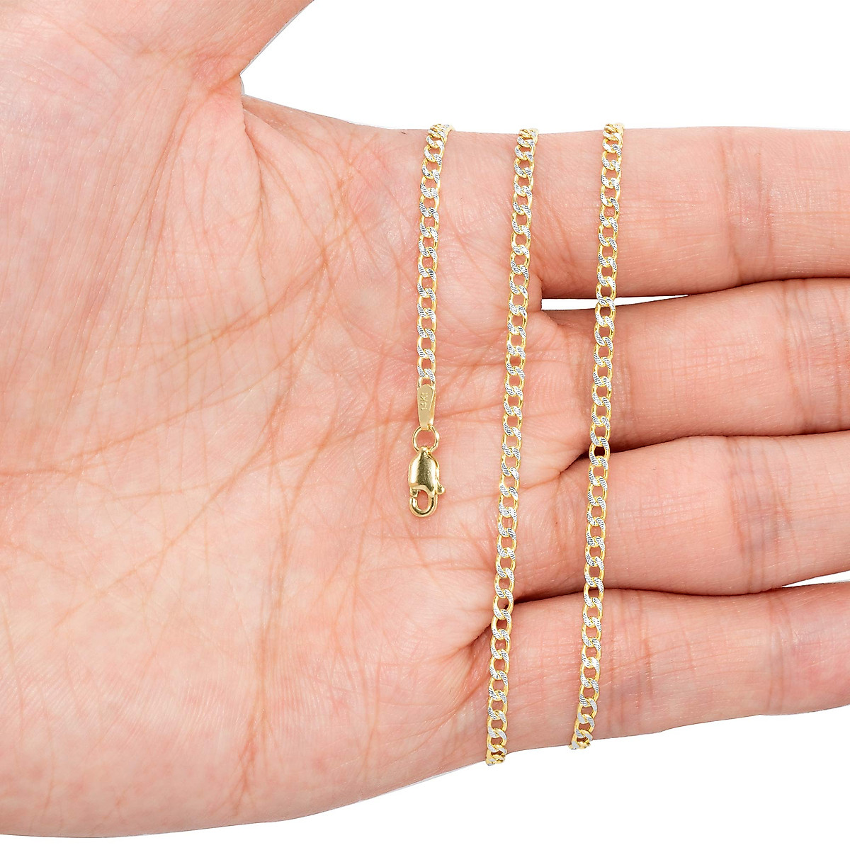 Nuragold 10k Yellow Gold 2.5mm Cuban Chain Curb Link Diamond Cut Pave Two Tone Pendant Necklace, Mens Womens Jewelry 16" 18" 20" 22" 24" 26"