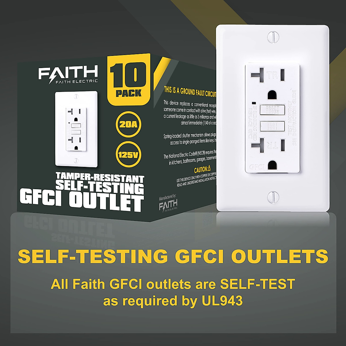 Faith 20A GFCI Outlet, Tamper-Resistant GFI Duplex Receptacle with LED Indicator, Self-Test Ground Fault Circuit Interrupter with Wall Plate, ETL Listed, White