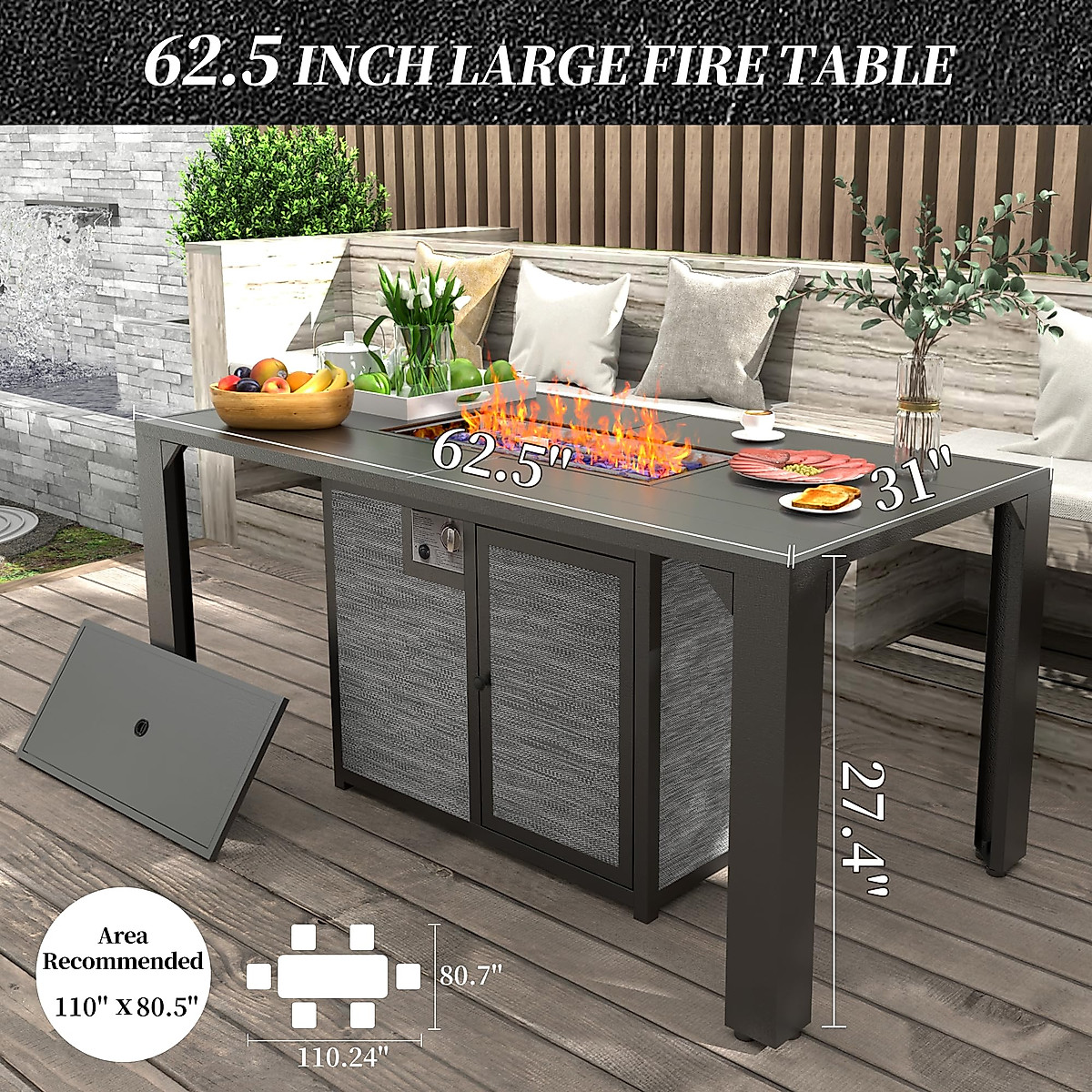 Pizzello Outdoor Fire Pit Dining Table 62.5" Aluminum Rectangular Propane Dining Patio Table with Firepit Dining Height Gas Fire Pit Table, Pizzello Comodo, Black