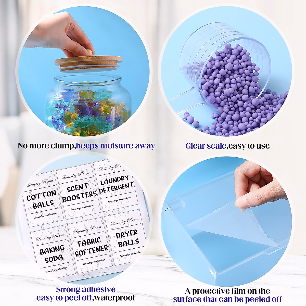 SiliFine 2 Pcs Glass Jars for Laundry Room Organization and Storage 0.8 Gallon Laundry Pods Container with Airtight Bamboo Lid, Acrylic Dryer Sheet Holder with Lid 14 Labels and 2 Scoops for Detergent