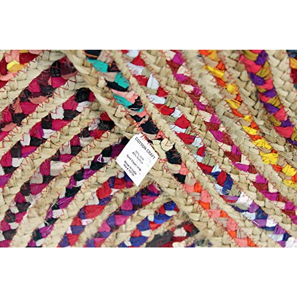 COTTON CRAFT Jute Chindi Braid Rag Rug - Boho Farmhouse Rustic Area Accent Throw Rug - Handwoven Reversible Natural Recycled Cotton - Living Room Den Study Home Décor Gift - 4 Feet Round - Multi Color