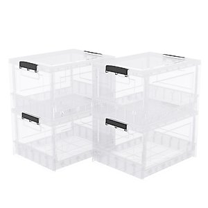 Jekiyo 30 L Clear Plastic Collapsible Storage Box with Lid, Folding Crate Storage Bin, 4 Packs