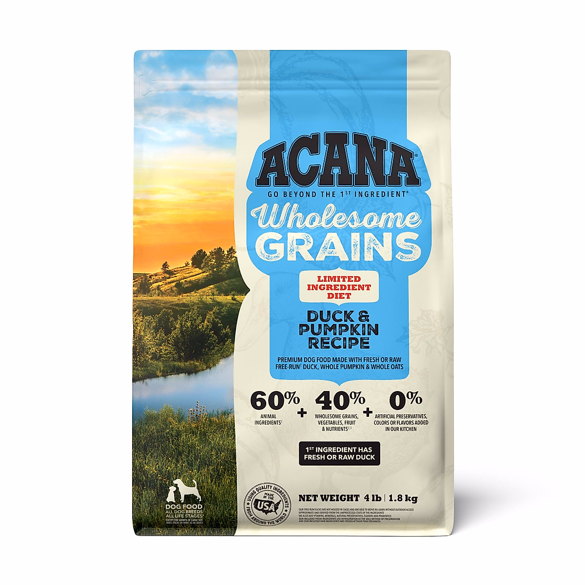 ACANA Wholesome Grains Limited Ingredient Diet Dry Dog Food, Duck & Pumpkin Recipe, Single Protein Duck Dog Food, 4lb