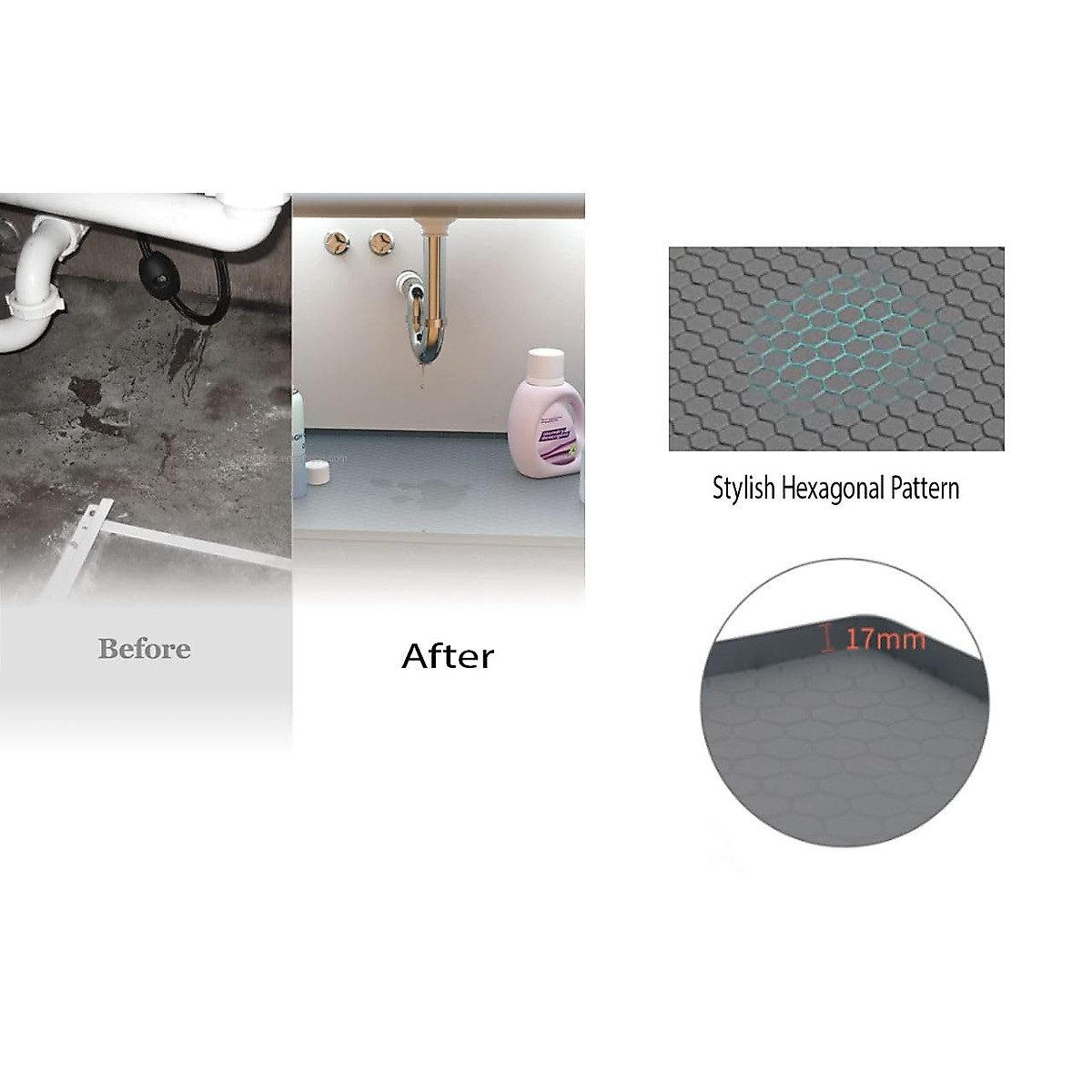 Spill Agent Under Sink Mat, 34’’ x 22’’under sink mats for kitchen Waterproof Silicone Sink Cabinet Protector Mat with Drain Hole,Flexible Sink Drip Tray,Free Cleaning Brush,for Kitchen,Bathroom,Grey,