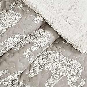 Lush Decor Elephant Parade Throw Fuzzy Reversible Sherpa Blanket, 60” x 50”, Gray