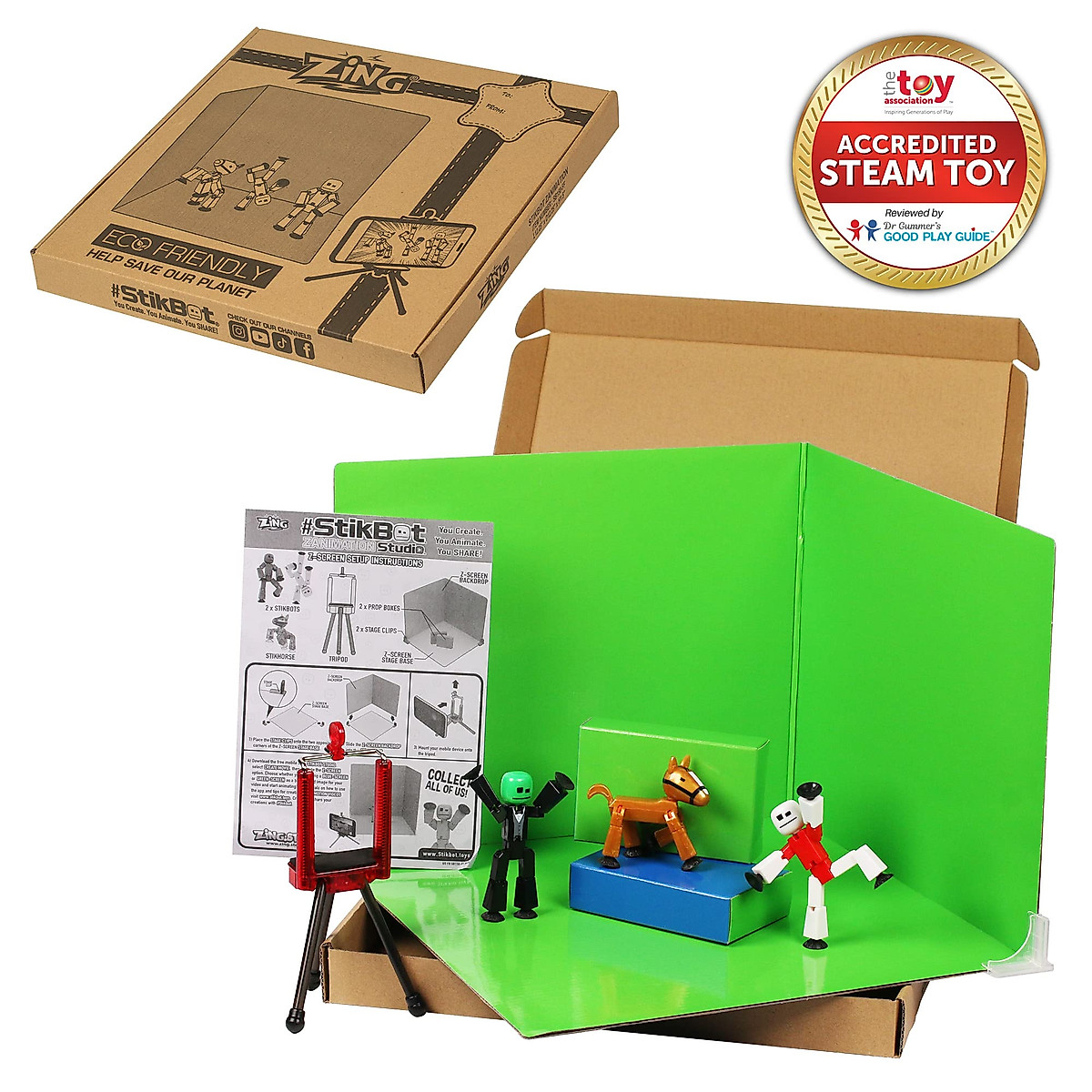 StikBot Zanimation Studio with Pet - Includes 2, 1 Horse, 1 Phone Stand and 1 Reversible Backdrop - in Eco-Friendly Packaging