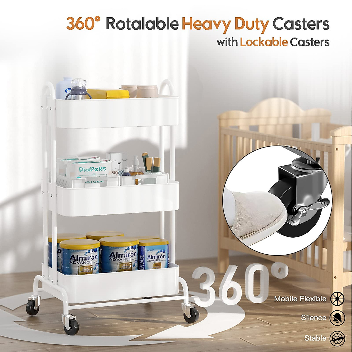 Ceayell 3-Tier Metal Rolling Storage Cart Heavy Duty Utility Cart Organizer with Lockable Wheels