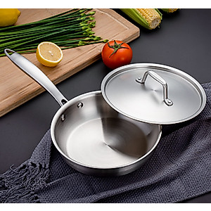 Fortune Candy 8-Inch Fry Pan with Lid, 3-ply Skillet, 18/8 Stainless Steel, Dishwasher Safe, Induction Ready, Silver