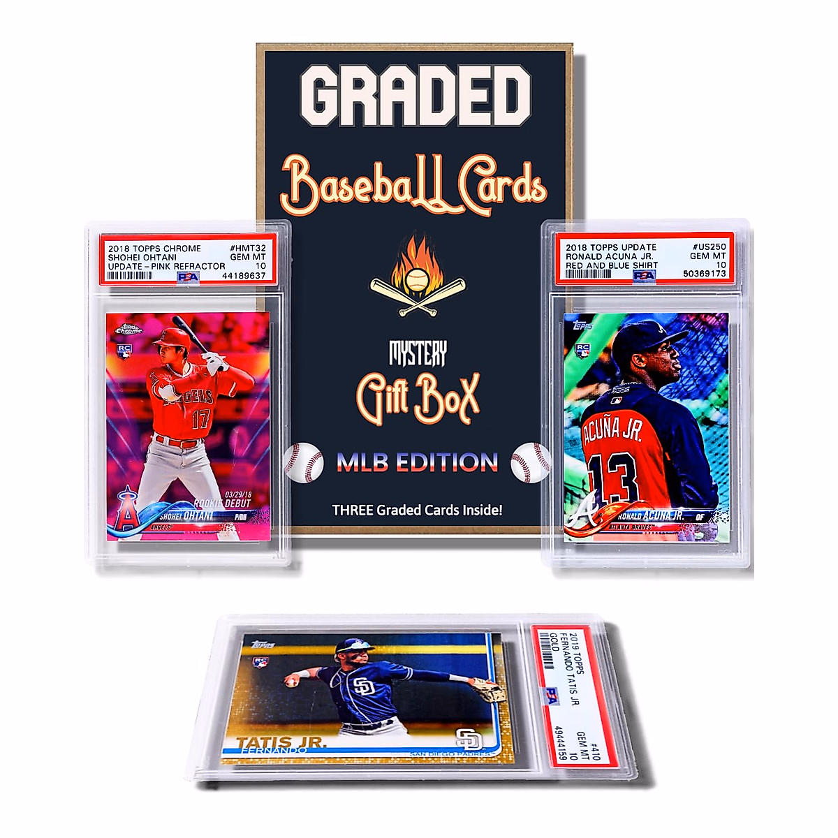 Three Graded Baseball Cards Gift Box: MLB Edition │Three Premium PSA/BGS Graded 10, 9.5 or 9 Cards │Potential Rookie Autographs & Numbered RC Refractors│Gift for Baseball Fans│by Slabs of Heat