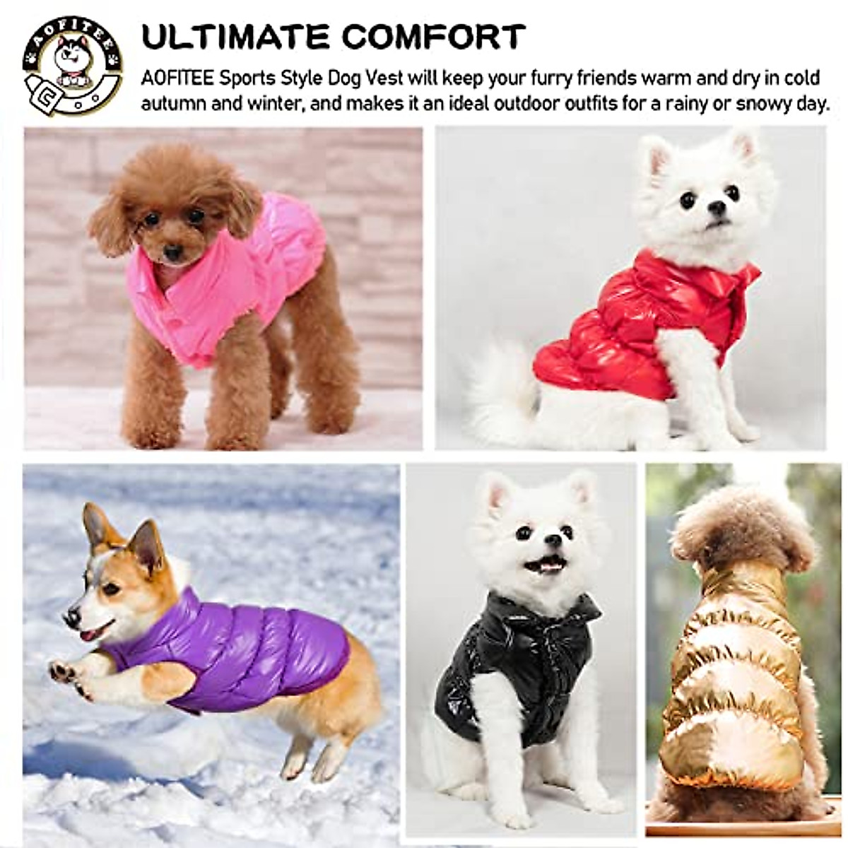 AOFITEE Dog Coat, Waterproof Dog Jacket, Winter Dog Coats for Small Dogs, Fleece Dog Snowsuit Warm Dog Puffer Jacket, Cozy Pet Winter Vest, Dog Cold Weather Coats for Small Medium Dogs, Purple, XL