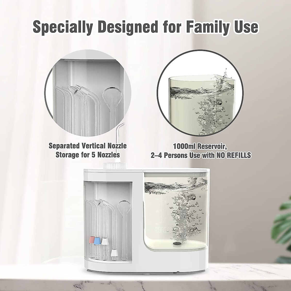 Zao's Selection New Countertop Water Flosser for Family Use, 30-130 PSI Stepless Pressure Regulation,1000ml, 8 Tips, Isolated Tip Storage, Oral Irrigator, Water Picks for Teeth Cleaning