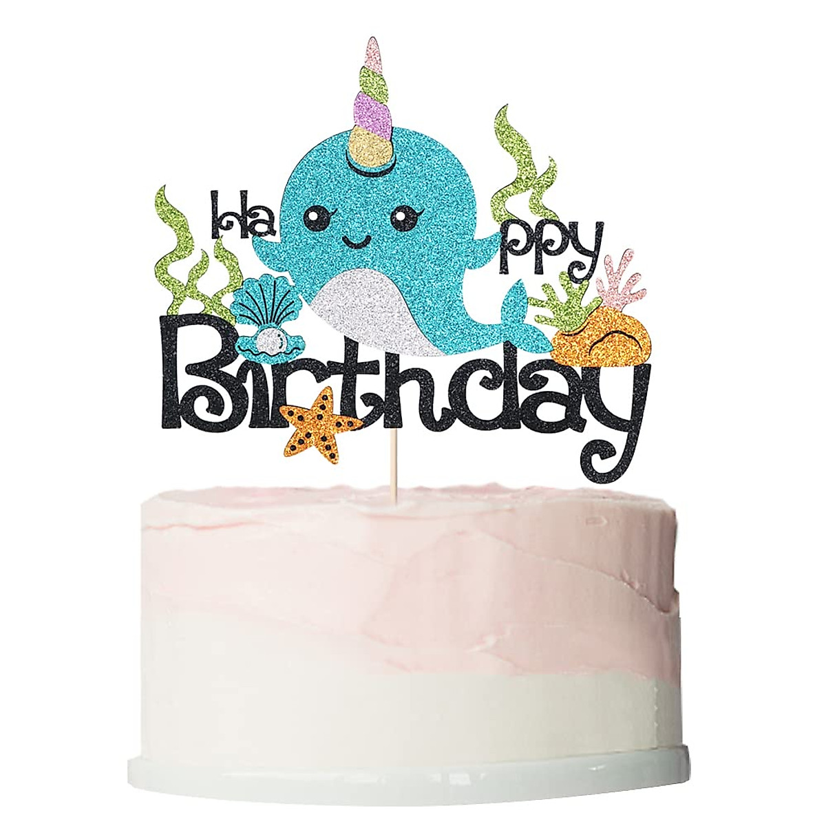 Bekaterea Narwhal Happy Birthday Cake Topper，Narwhal Baby Shower Decorations，Birthday Party Cake Decoration,Ocean Themed Party Cake Decor (blue1)