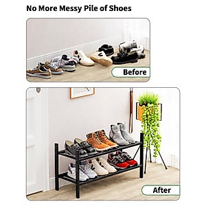 VOPOG Shoe Rack, 2-Tier Bamboo Shoe Rack for Front Door Entrance with Shoe Horn, Stackable Shoe Rack Organizer Shoe Shelf for Entryway, Hallway, Bathroom, and Closet Shoe Organizer - Black