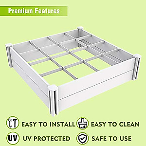 Kdgarden Raised Garden Bed Kit 4'x4' Outdoor Above Ground Planter Box for Growing Vegetables Flowers Herbs, DIY Gardening, Whelping Pen and More, Screwless White Vinyl Garden Bed with Grid