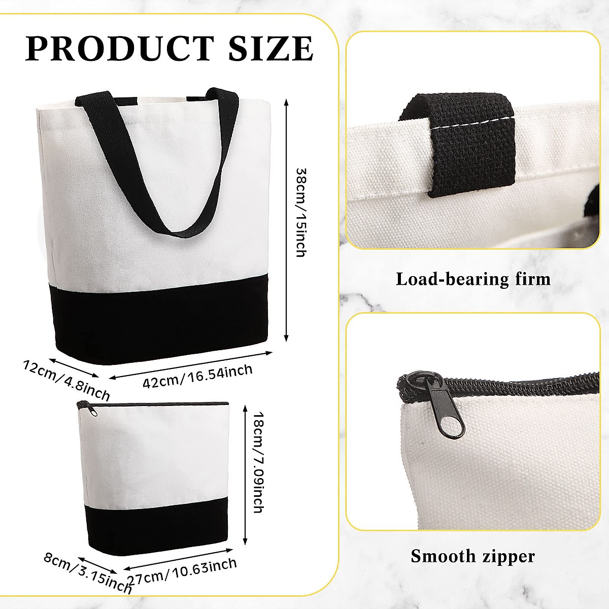 LEIFIDE 20 Pieces Canvas Tote Bag and Makeup Bag Set Canvas Beach Bag with Handle Canvas Bag for Women Mother Bridesmaids (Black and White)
