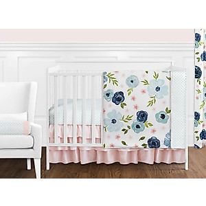 Sweet Jojo Designs Navy Blue and Pink Watercolor Floral Baby Girl Nursery Crib Bedding Set - 11 Pieces - Blush, Green and White Shabby Chic Rose Flower Polka Dot
