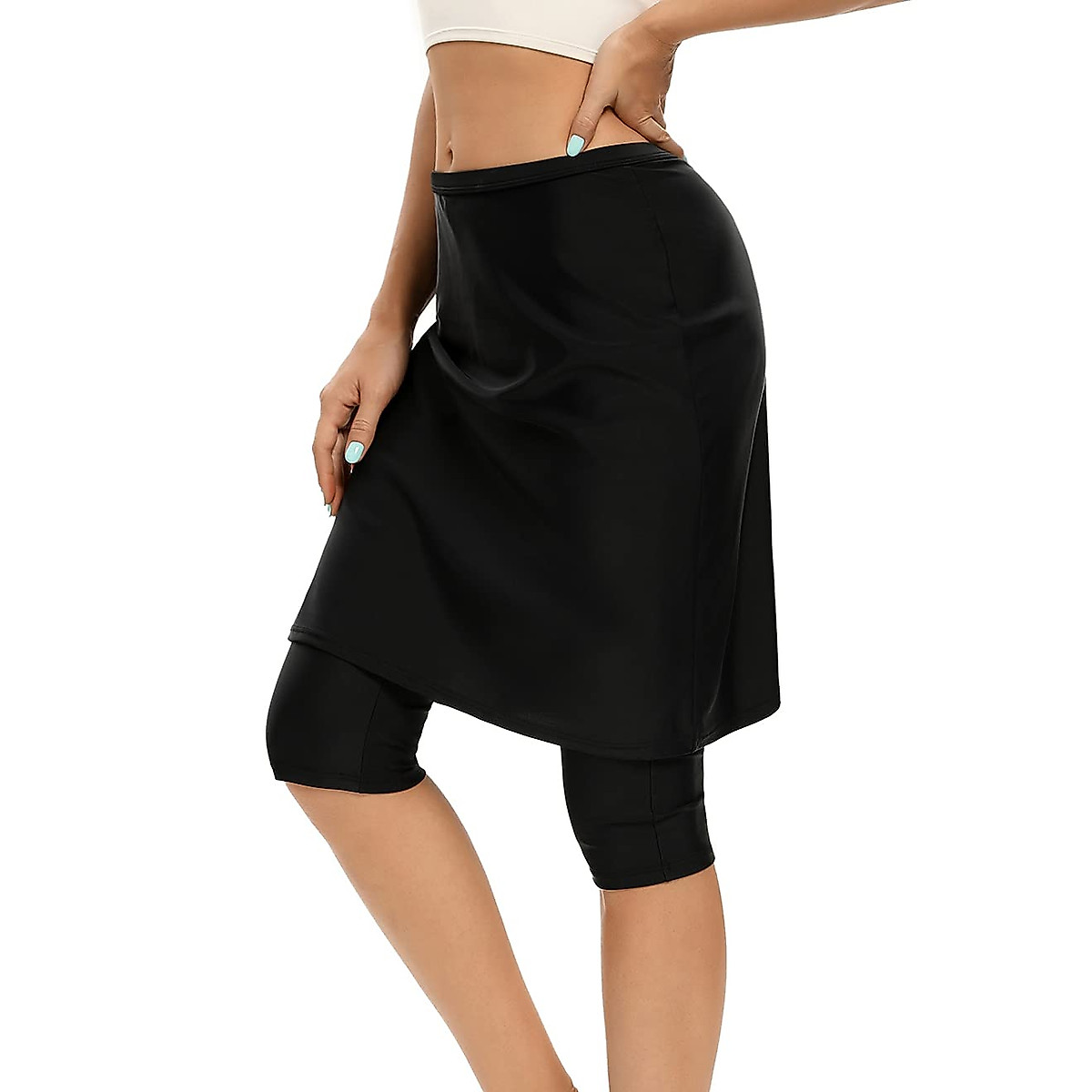 MAXE Women Swim Skirt with Legging Sun Protective UPF 50+ Swimming Tight Attached Skort Capris Black, Small