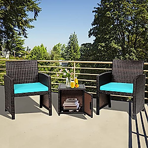 Tangkula 3 Pieces Outdoor Wicker Bistro Set with Waterproof Cover, 2 Patio PE Rattan Cushioned Chairs with Side Storage Table, Suitable for Front Porch, Balcony, Garden, Poolside and Yard (Turquoise)