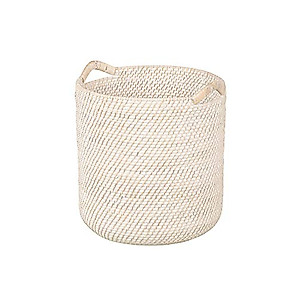 Kouboo Laguna Round Ear Handles, White-Wash Rattan Storage Basket