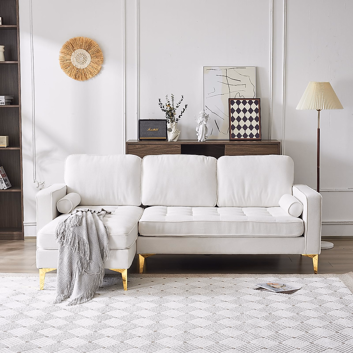 voqoomkl 85" Burlap Fabric Sectional Sofa Couch with Reversible Chaise, L-Shape Couch with Bolster Pillows and Metal Legs, 3 Seats Modular Sofa for Living Room Apartment Small Space, Beige