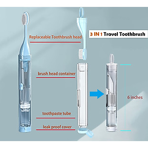 prony 3 in 1 Portable Travel Toothbrush with Travel Case and Extra Soft Bristles and Built-in Refillable Toothpaste Tube,Travel Essential Accessories