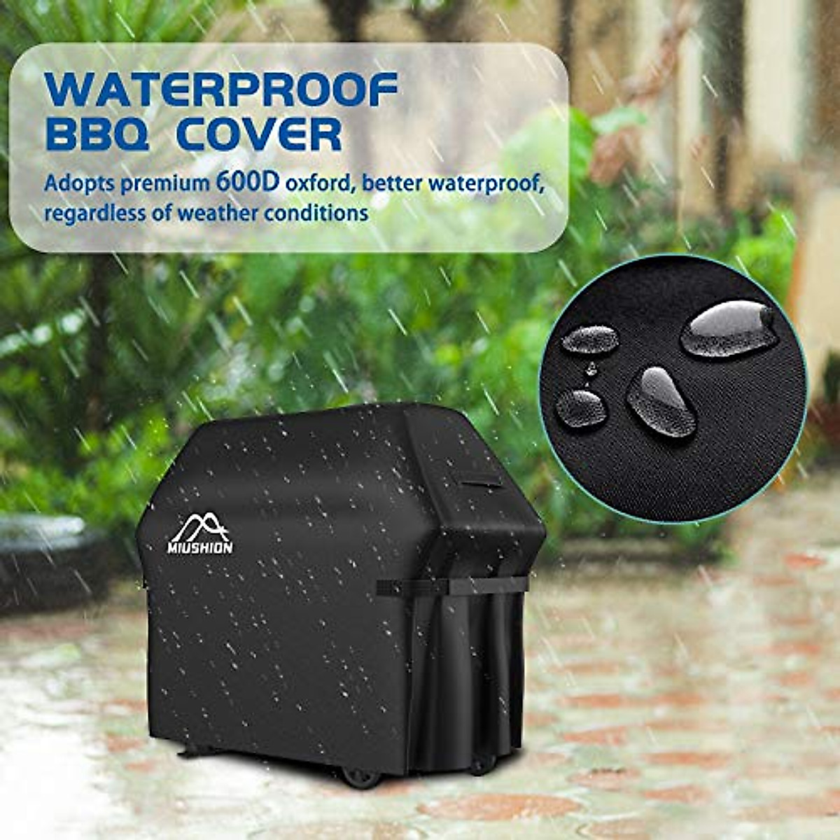 Miushion BBQ Grill Cover 58 Inch Heavy Duty Gas Outdoor Grill Cover for Weber, Brinkmann, Char Broil, Holland and Jenn Air etc. UV Fade/Rip Resistant, Waterproof (Black)