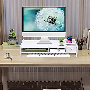 Monitor Stand Riser, Computer Laptop Riser Shelf with Organizer Drawer (White, 19"L x 8"W x 4"H)