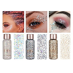 3 Pack HANDAIYAN Holographic Body Glitter Gel Nail Hair Body Face Eye Shadow Mermaid Sequins Chunky Glitter Festival Glitter Makeup for Body, Face, Hair Makeup (Set A)