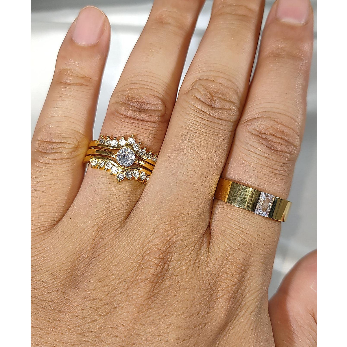 ringheart 2 Rings Couple Rings Three stone Yellow Gold Plated Cz Womens 3pcs Wedding Ring Sets Titanium Steel Men Wedding Bands