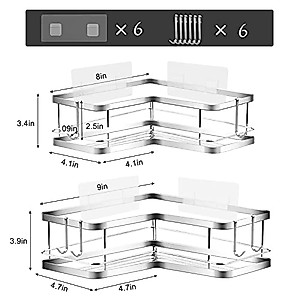 Adhesive Corner Shower Caddy,2 Pack Bathroom Corner Shower Basket Shelf With 6 Hooks Stainless Steel Shower Storage Organizer Shampoo Holder, No Drilling Shower Shelf Basket Bathroom Shelf Rack