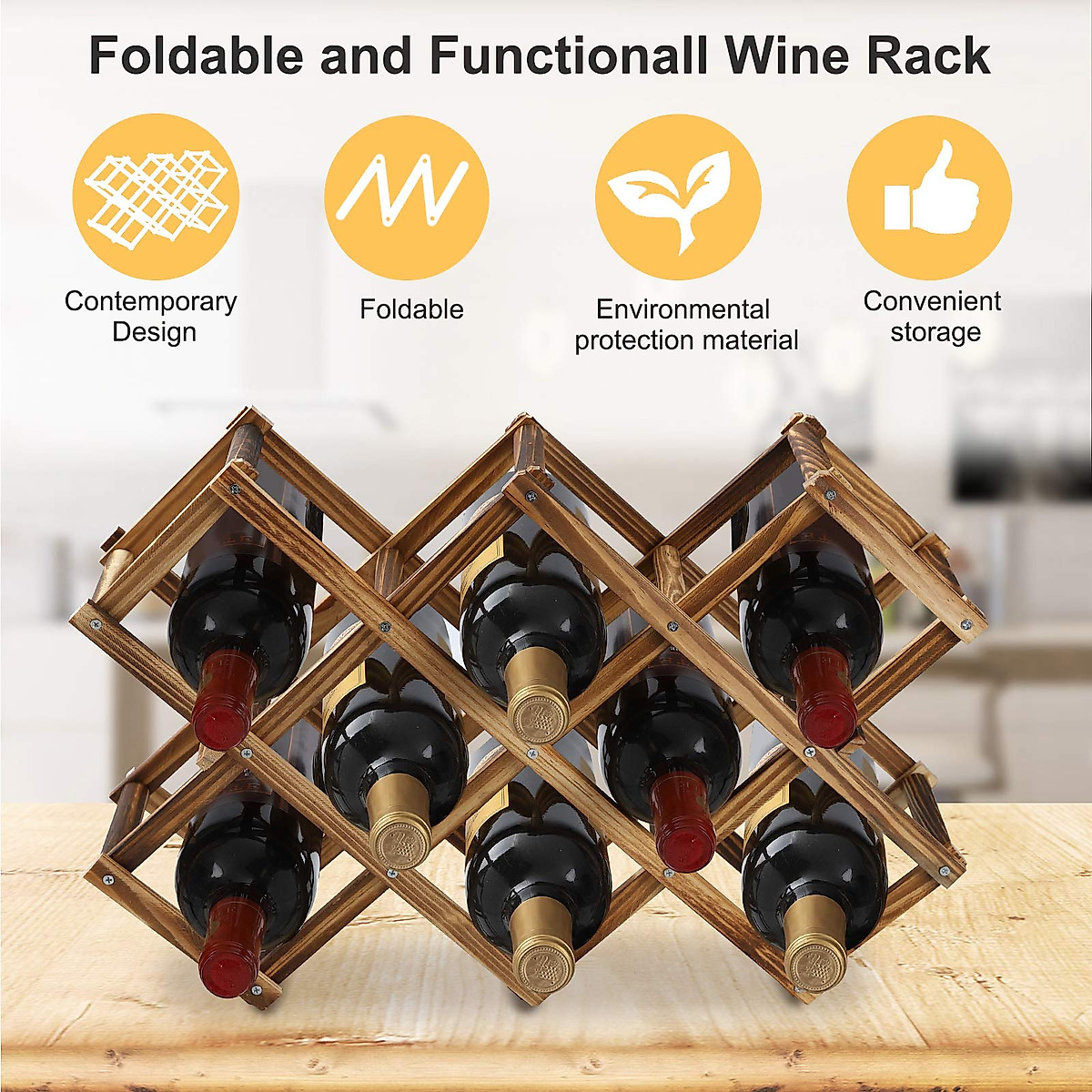 GADIEDIE 10 Bottles Capacity Foldable Free Standing Wooden Wine Rack Countertop Wine Racks,Storage Wine Rack, for Kitchen, Bars, Pantry, Wine cellars, Wine Storage cabinets ,Carbonized Wood Color