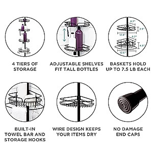 Zenna Home Rust-Resistant Corner Shower Caddy for Bathroom, 4 Adjustable Shelves with Towel Bar and Hooks, with Tension Pole, for Bath and Shower Storage, 60-97 Inch, Bronze