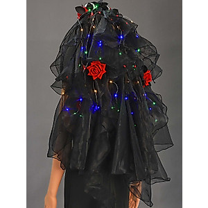 Unsutuo Led Day of the Dead Headband Veil Ligth Up Halloween Costume Headwear Gothic Skull Rose Headpiece Hair Accessories for Women